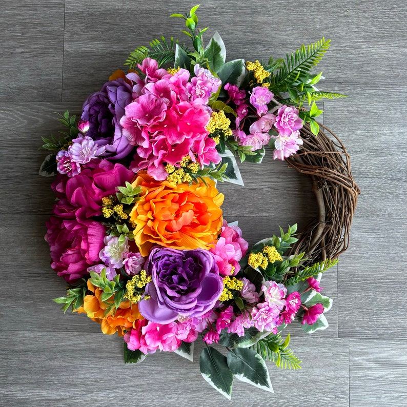 Colorful Floral Wreath, Farmhouse Wreath, Cottage Front Door Wreath ...