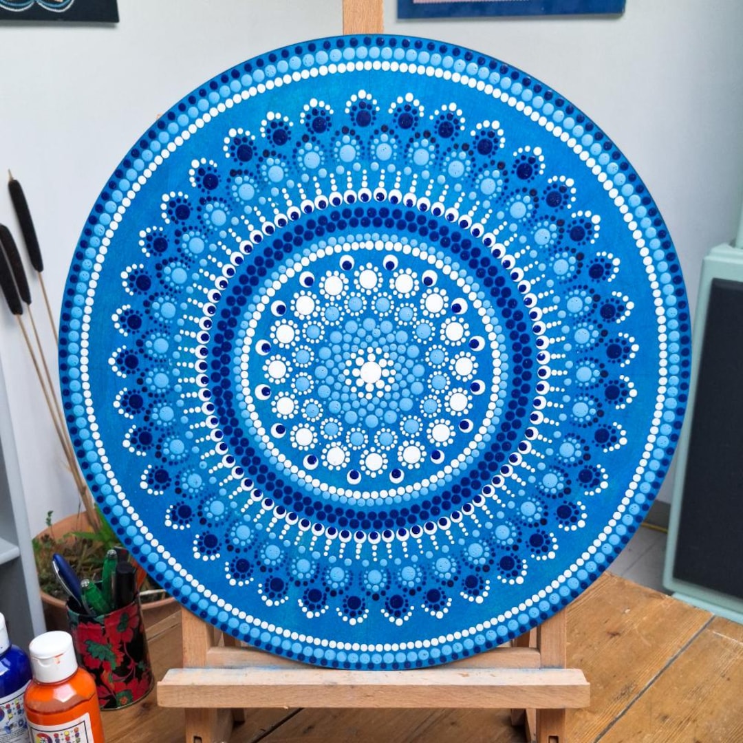 Dot Art Mandala Painting Blue Dot Painting Wooden Canvas Mandala Dot ...