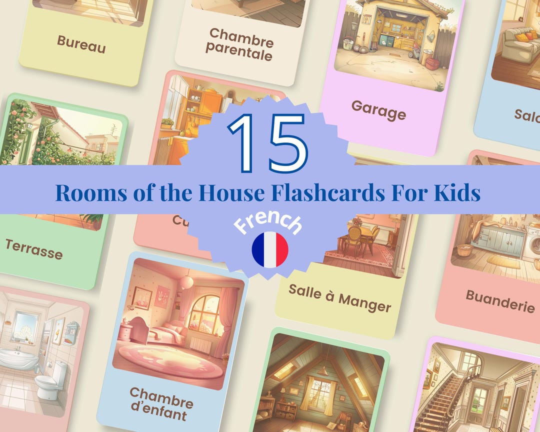15 Flashcards of the Rooms of the House in French, French Vocabulary ...