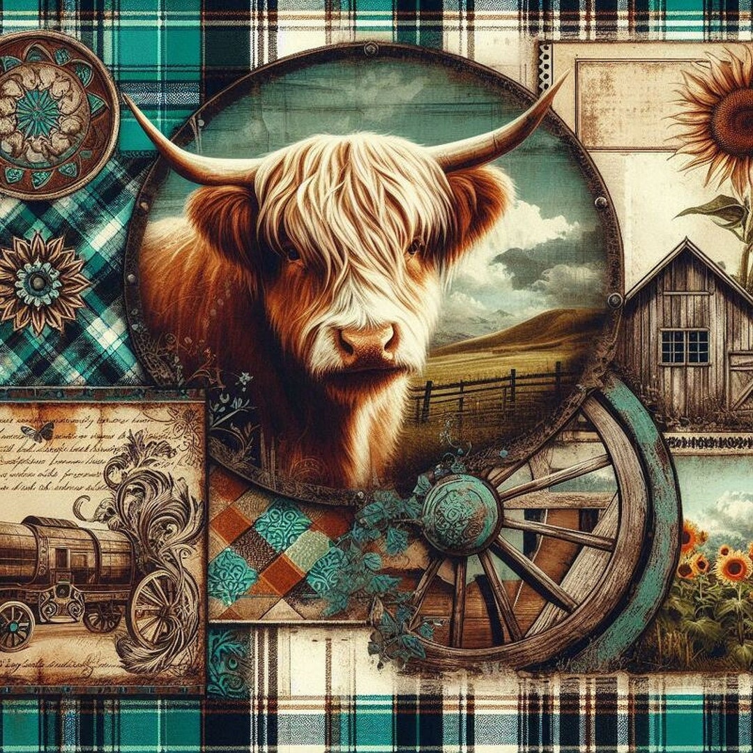 Highland Cows Turquoise and Brown Tartan Set 3 - Etsy