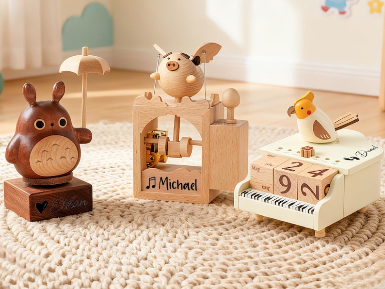 Custom Wooden Piano Calendar Music Box, Personalized Flying Pig Music ...
