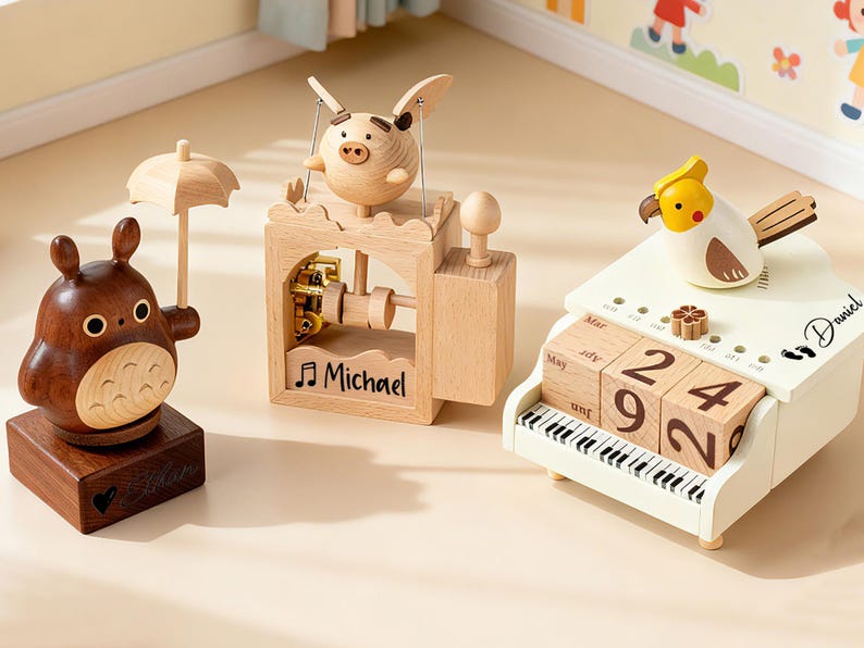 Custom Wooden Piano Calendar Music Box, Personalized Flying Pig Music ...