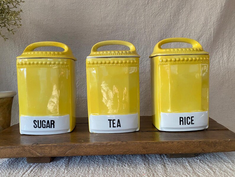 Vintage Yellow & White Ceramic REVERSIBLE Tea, Sugar and Rice Canisters ...