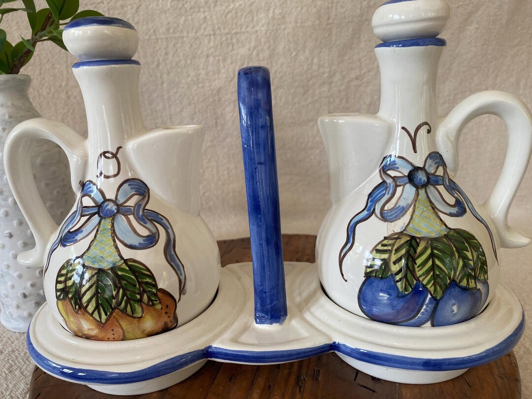 Vintage Italian Handpainted Ceramic Oil & Vinegar Cruet Set With Tray ...