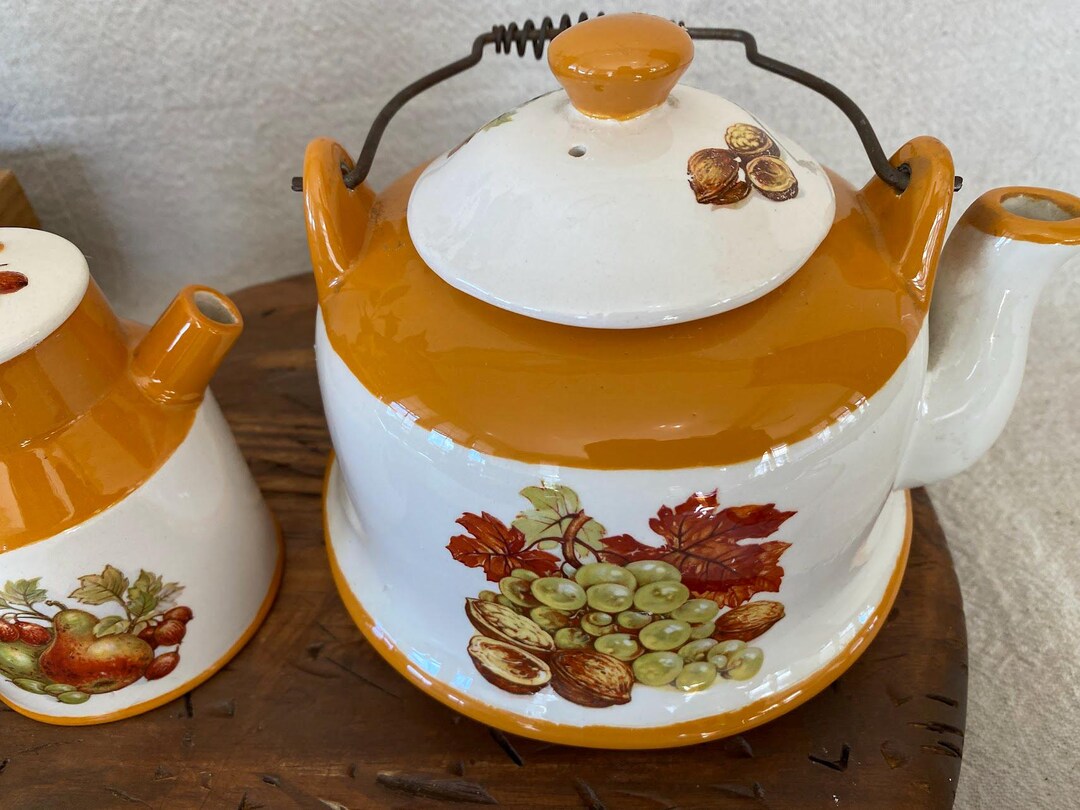 Vintage MCM Mccoy Fruit Festival Tea Set: 1960s Ceramic Kettle, Sugar ...