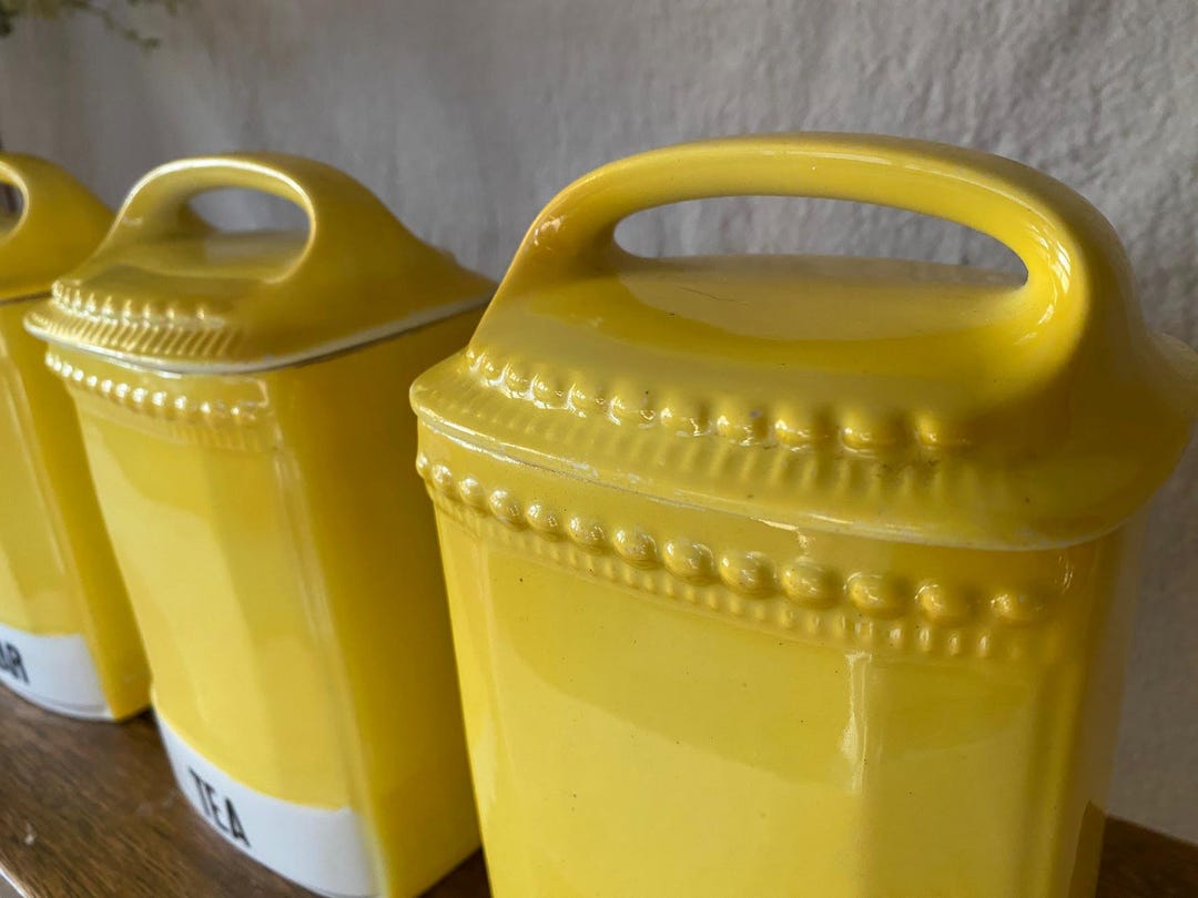 Vintage Yellow & White Ceramic REVERSIBLE Tea, Sugar and Rice Canisters ...
