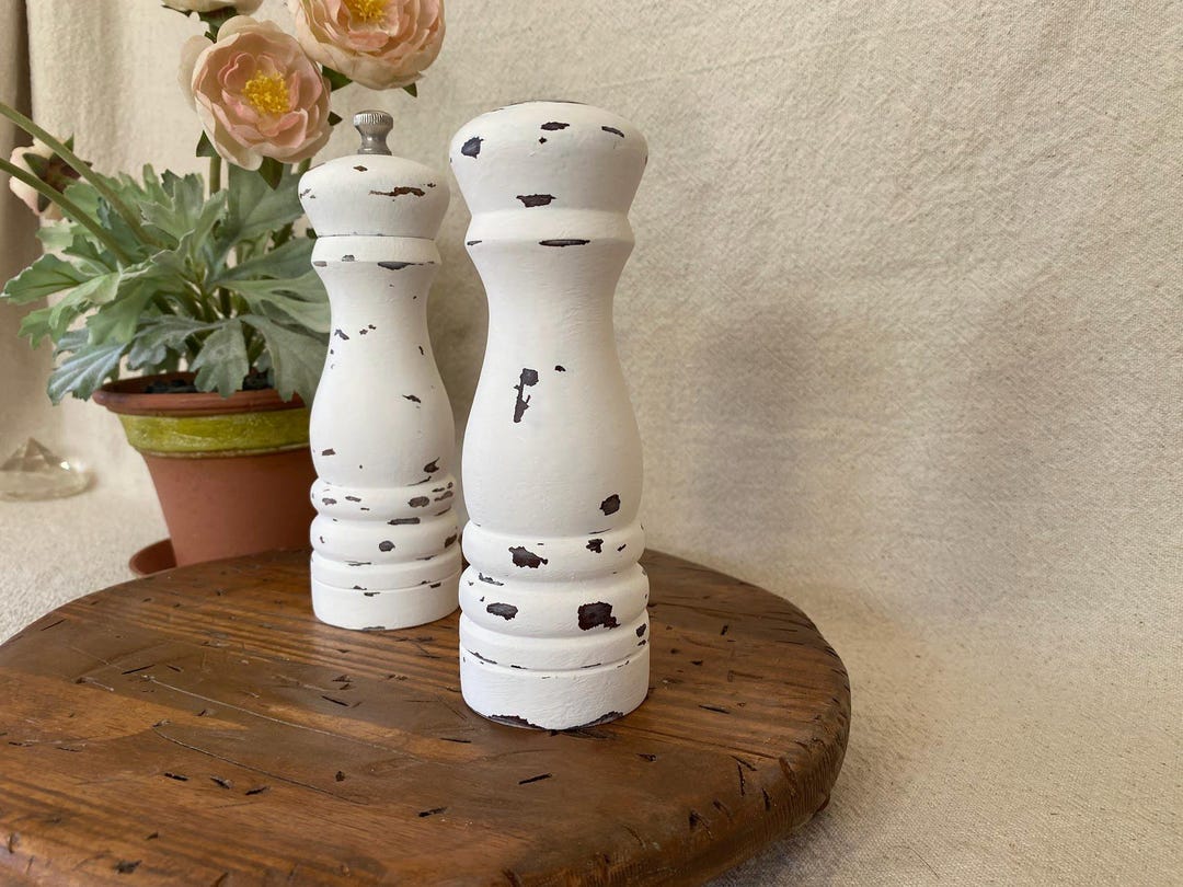 White Hand Distressed Chippy Salt & Pepper Grinder for Cottage or ...