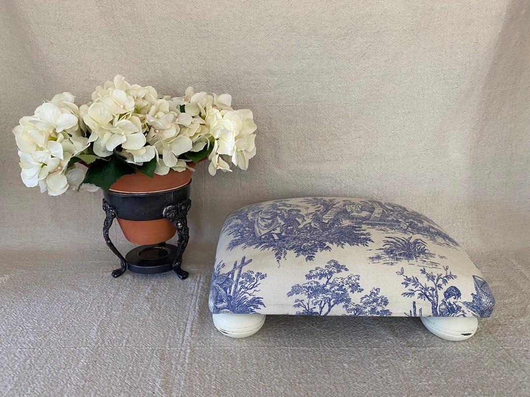 Rare Vintage Bombay Co. Blue and Ivory Toile Bun Foot Stool - Etsy