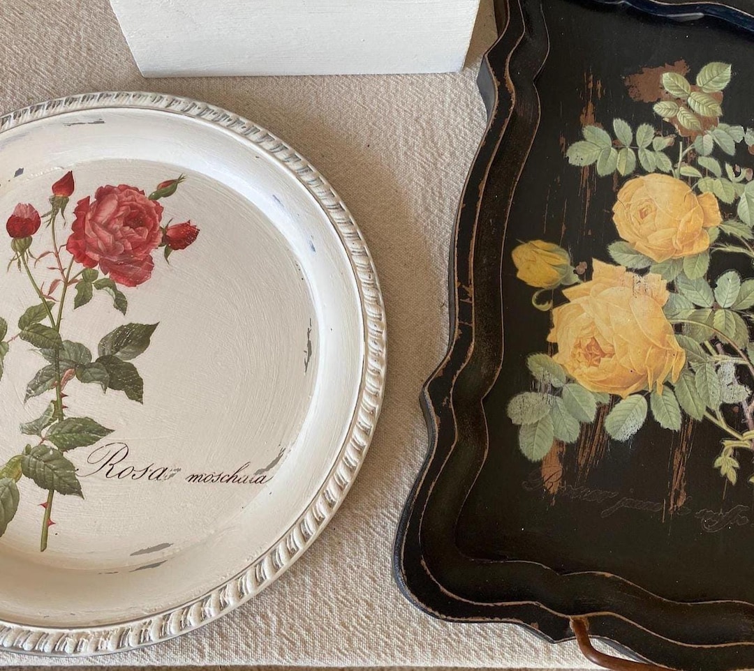 Upcycled Handpainted Vintage Decorative Trays With Rose Botanical Motif ...