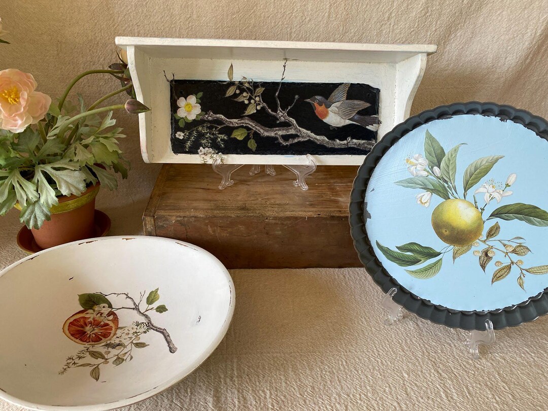 Handpainted Vintage Kitchen Decor Pieces: Fruit, Floral Bowl, Tart Pan ...