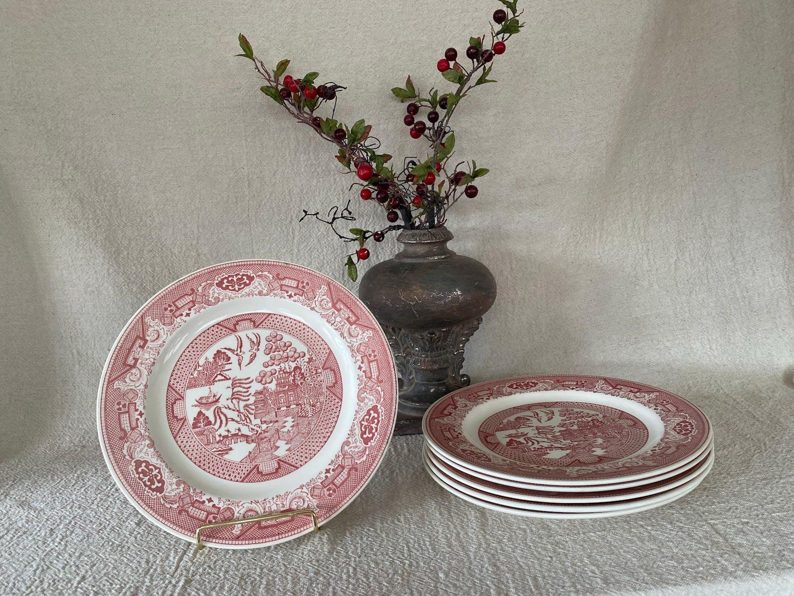 Vintage Christmas Red Willow Ware by Royal China 10" Dinner Plates for ...