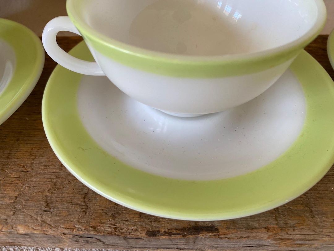 Vintage Pyrex Milk Glass Cup & Saucers With Lime Green Trim Set of 4 - Etsy
