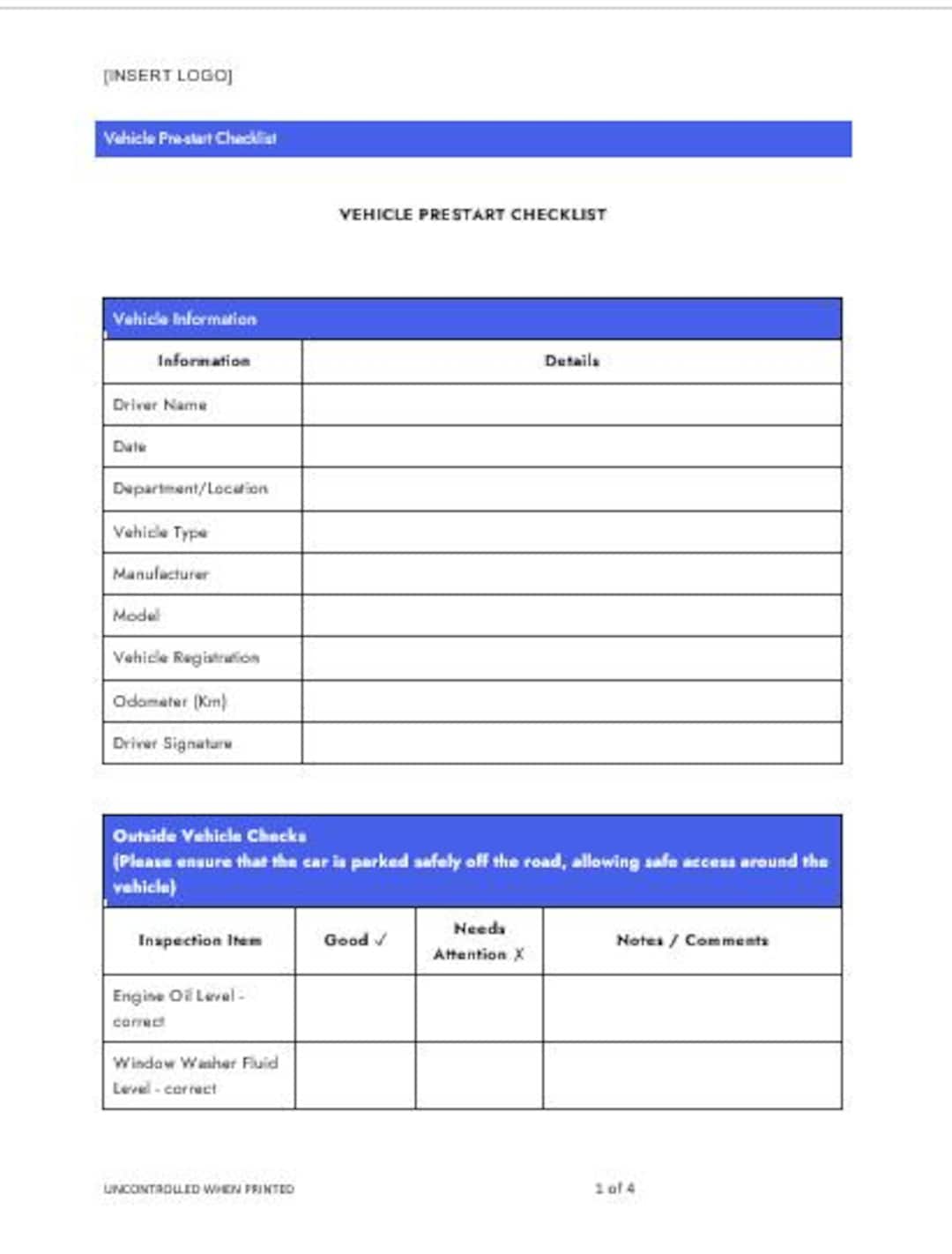 Vehicle Pre-start Checklist Template | ISO 45001 - Etsy