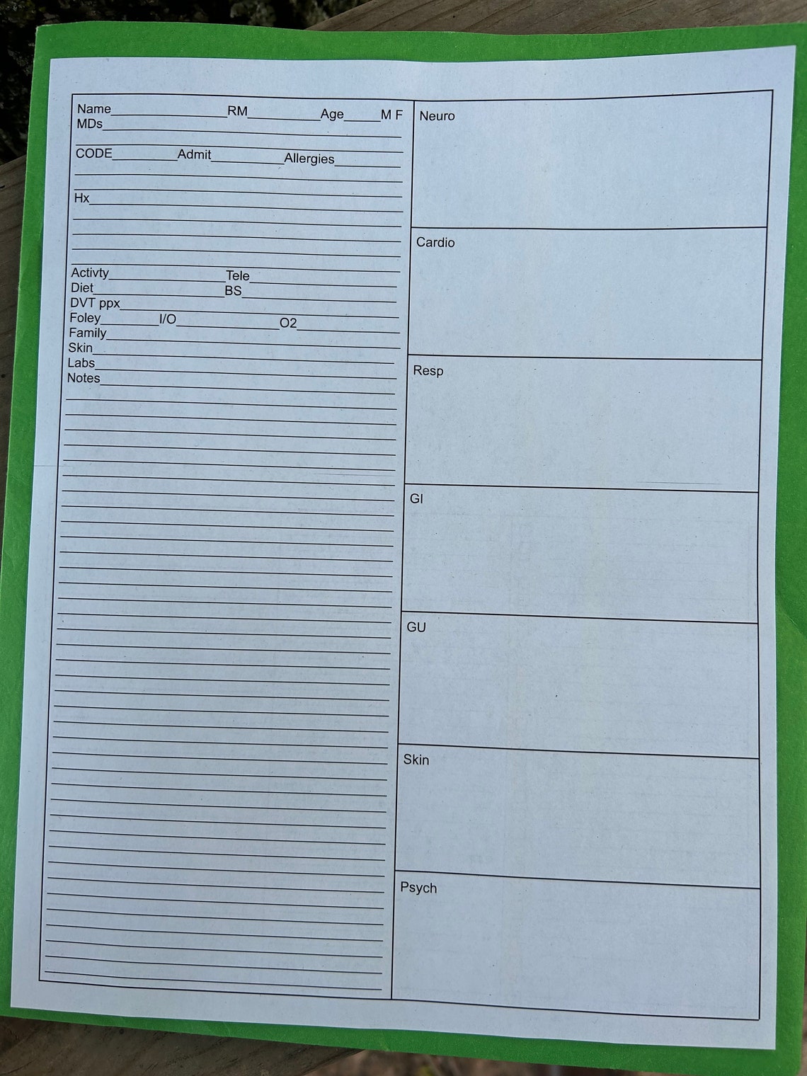 1 Patient Report Sheet. Day Shift. - Etsy