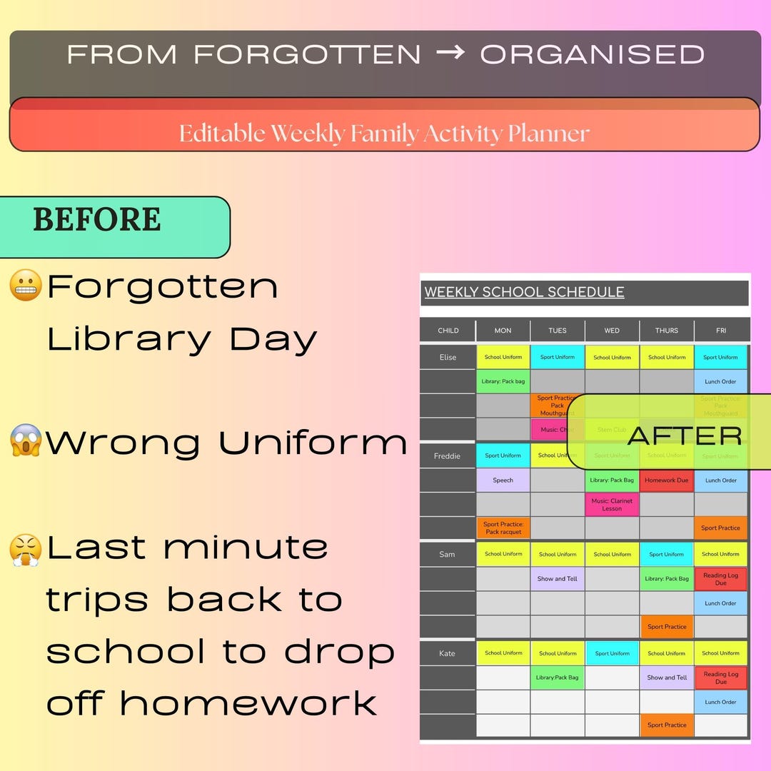 Weekly Family Planner Kids Activity Schedule After School & Sports ...