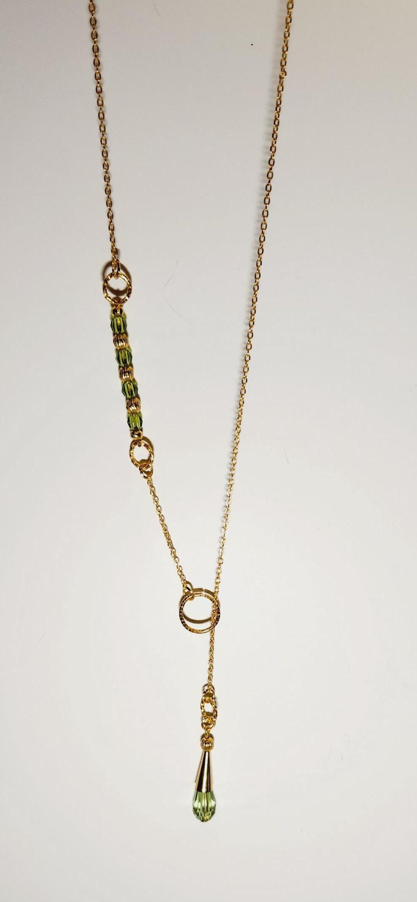 Gold Drop Chain Necklace With Green Beading - Etsy