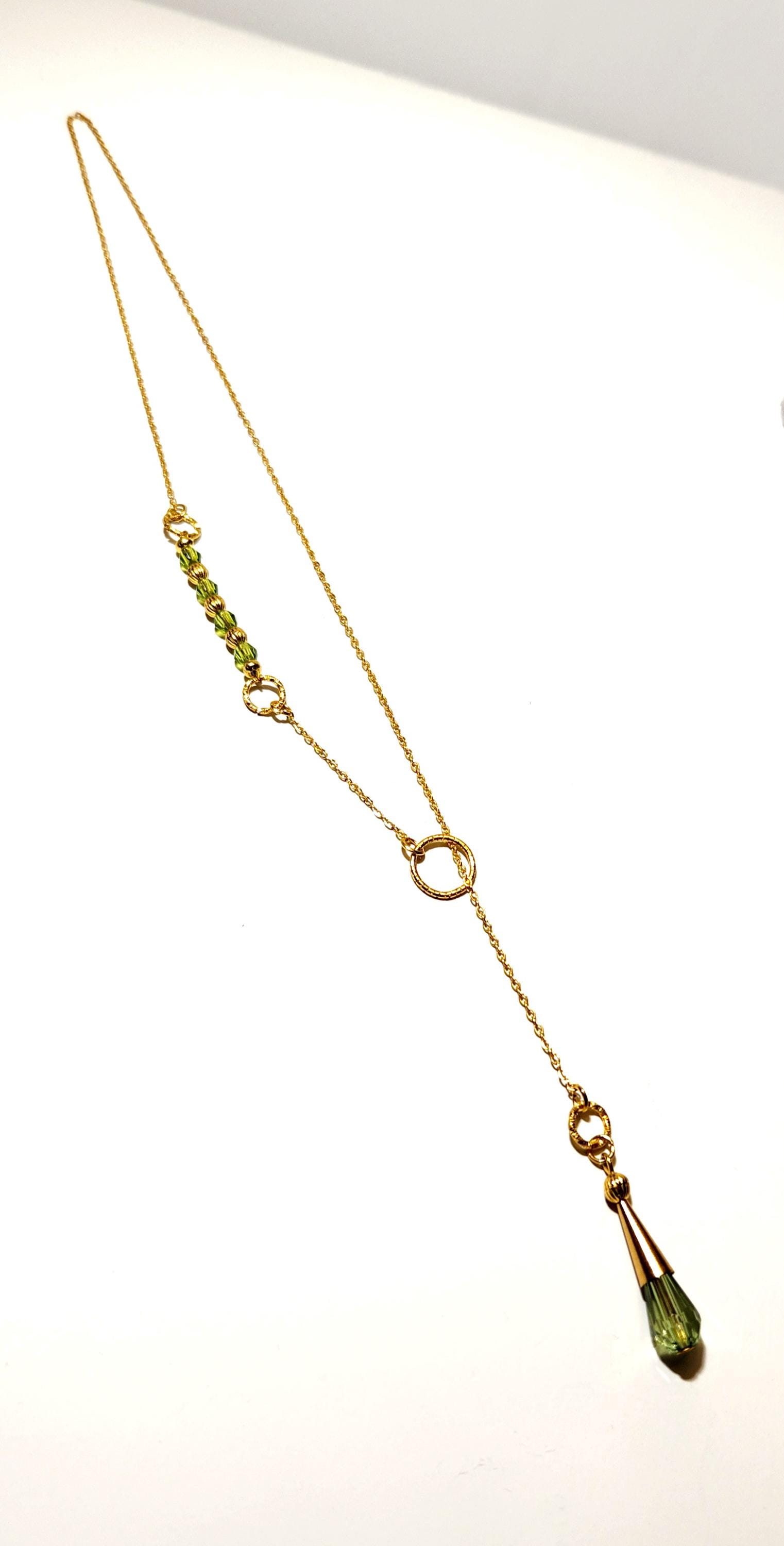 Gold Drop Chain Necklace With Green Beading - Etsy