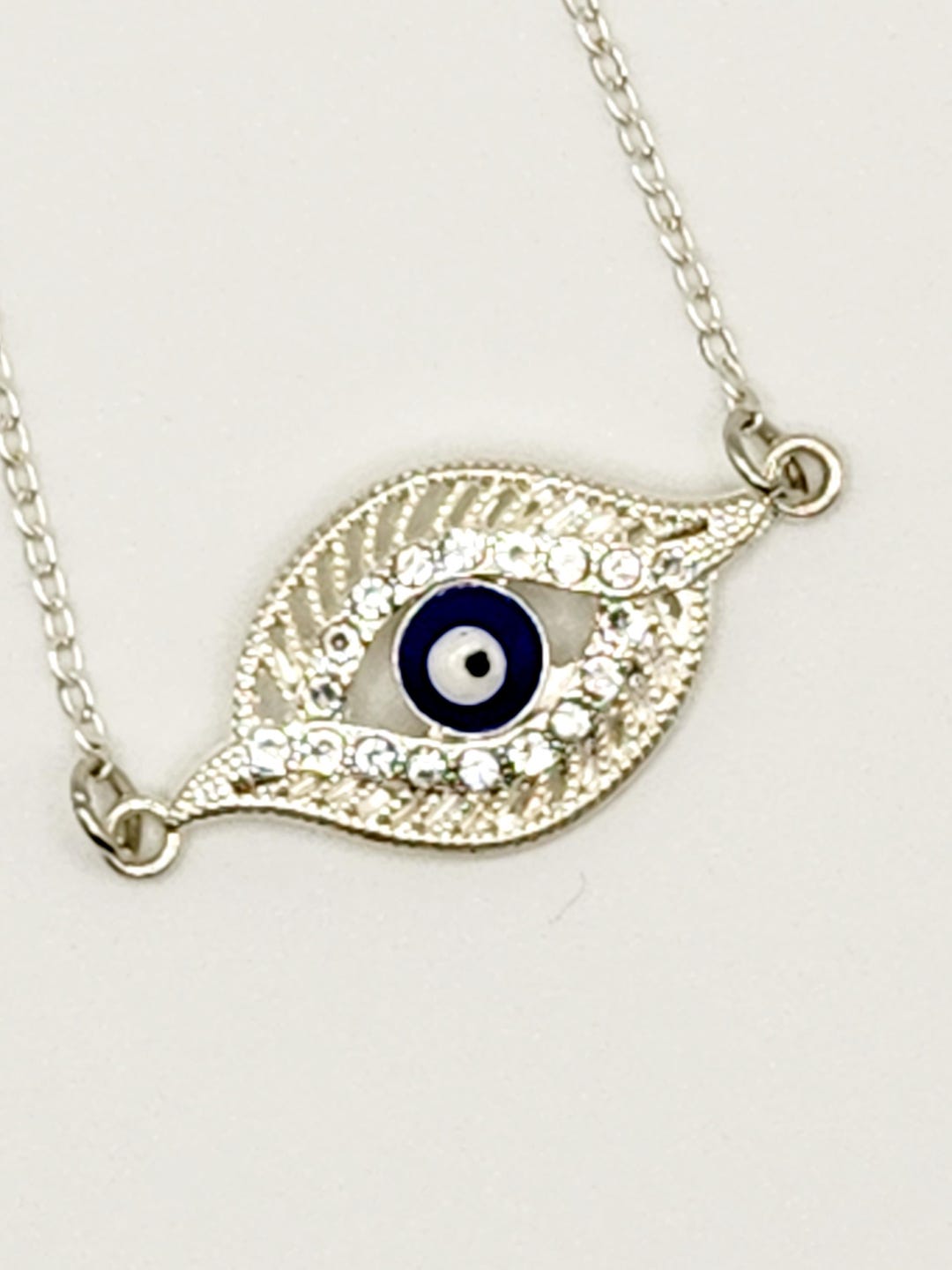 Evil Eye Silver Pendant With Blue Accents and Crystal Rhinestones on 18 ...