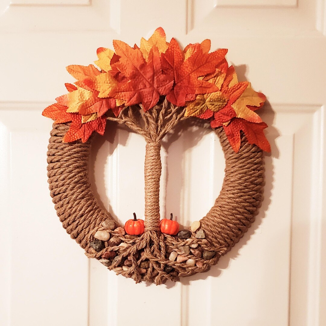 Rustic Fall Tree of Life Wreath: Faux Maple Leaves & Mini Pumpkins - Etsy