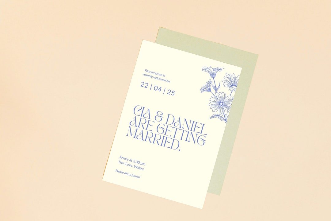 Wedding Invitation Canva Template: Blue & Cream Illustrated Flowers - Etsy