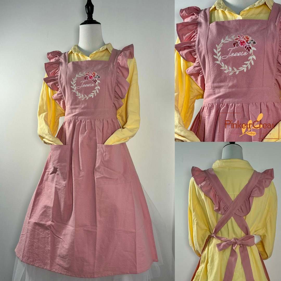 Custom Name Cotton Apron, Handmade Ruffles Apron With Pockets, Vintage ...
