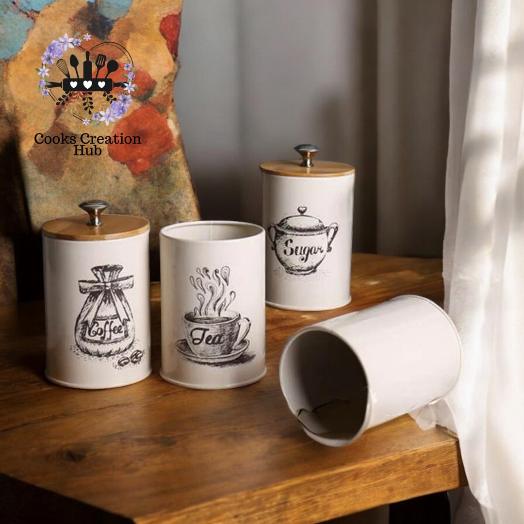 3-piece Pantry Jars, Kitchen Box, Set Tin Containers, With Bamboo Lid ...