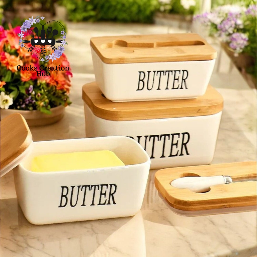 Cute Ceramic Butter Container With Knife, Butter Tin, Rectangular ...