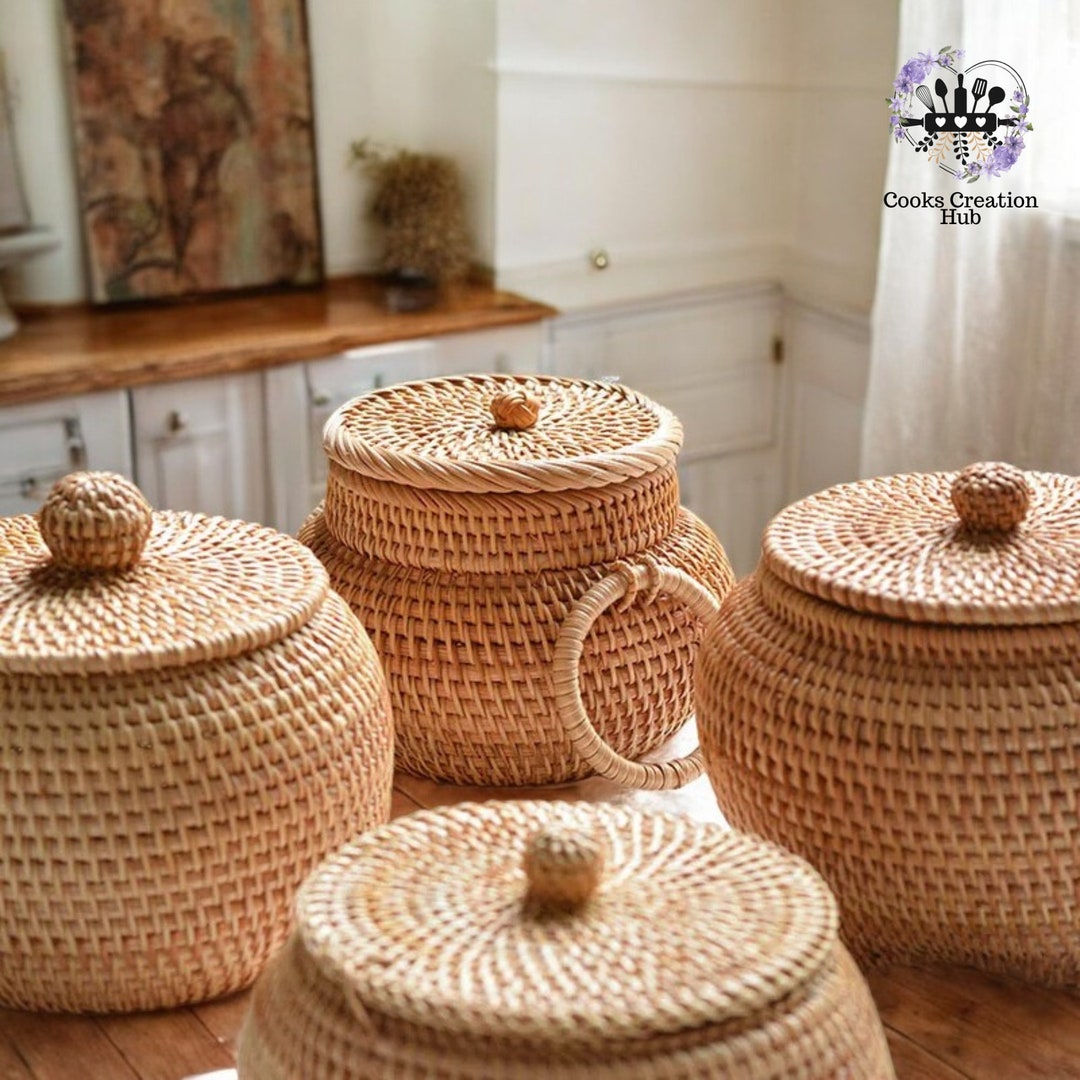 Natural Rattan Round Box With Lid, Table Decoration, Food Basket, Snack ...