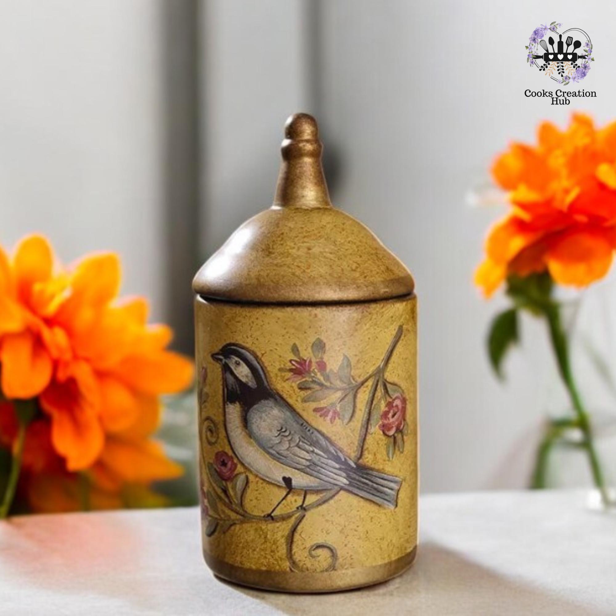 Ceramic Jar With Lid and Bird Painterd, Coffee Bean Storage Organizer ...