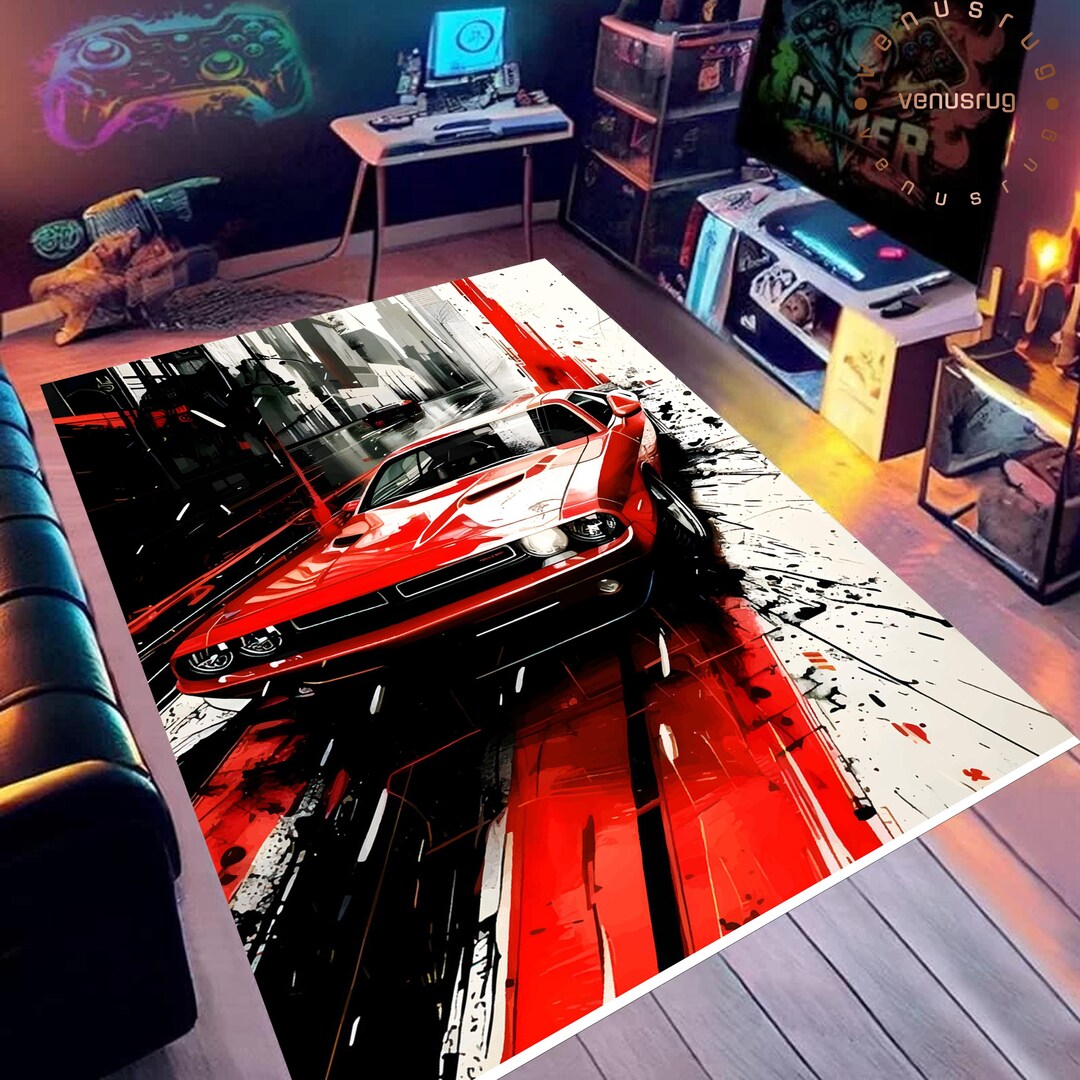 Red Muscle Car Art Rug Bold Urban Street Style Decor High-speed Sports ...