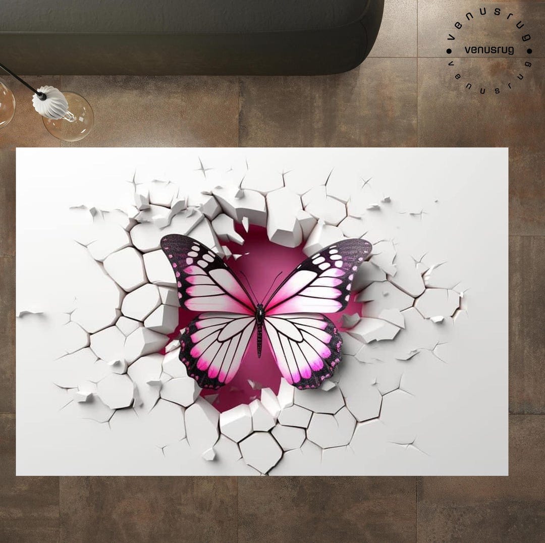 Pink Butterflies Rug,butterfly Themed Rug, 3d Cracked Wall Design ...