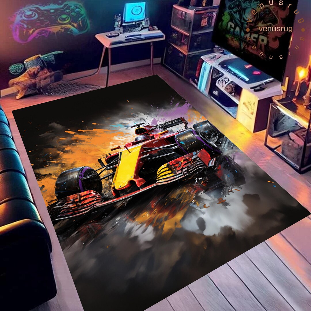 Formula 1 Race Car Rug, Vibrant Speed Art Carpet, Modern Motorsport ...