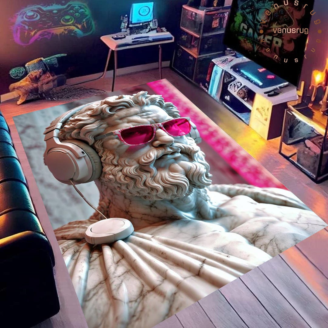 Modern Marble Statue Rug, Cool Greek God With Headphones Carpet, Retro ...
