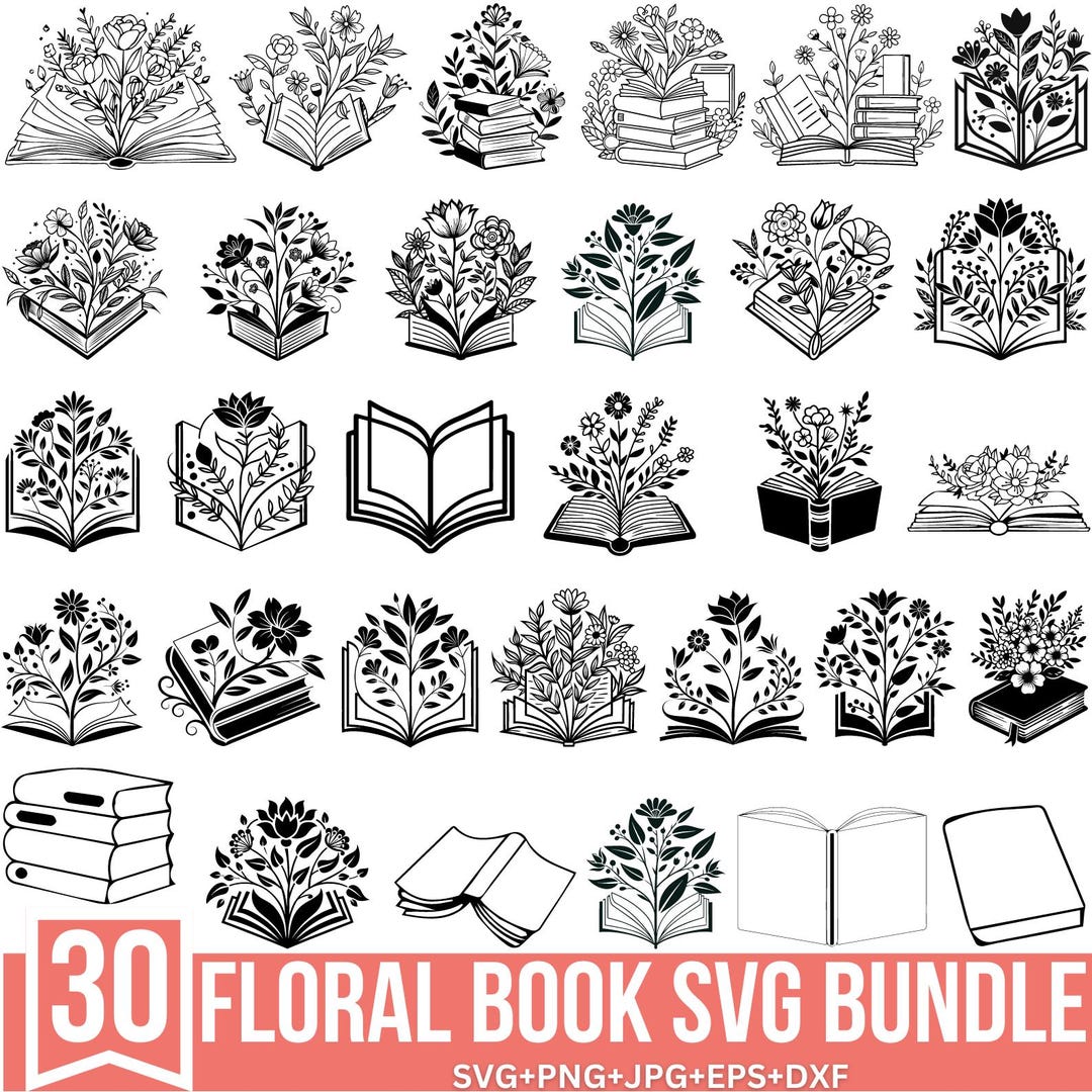 Floral Book Svg Bundle, Book Svg, Bookworm Svg, Stack of Books Svg ...