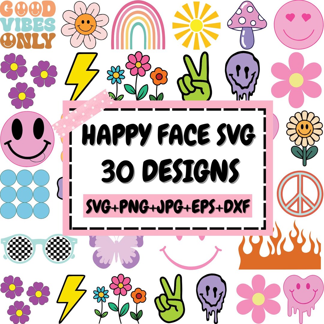 Happy Face Svg Bundle, Daisy Flower Svg, Hippie Boho Svg, Retro Svg ...