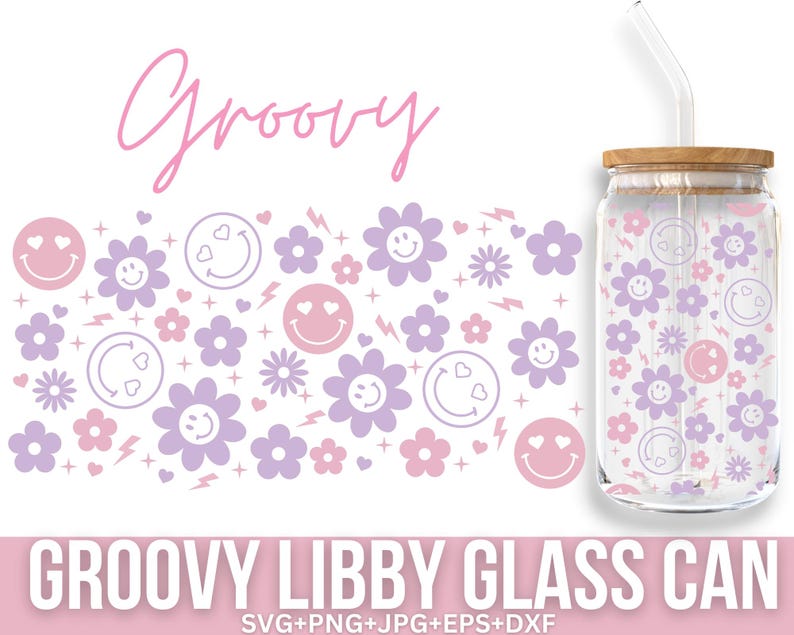 Groovy Libbey Glass Can Wrap Svg, Retro Glass Can Svg, Groovy Flower ...