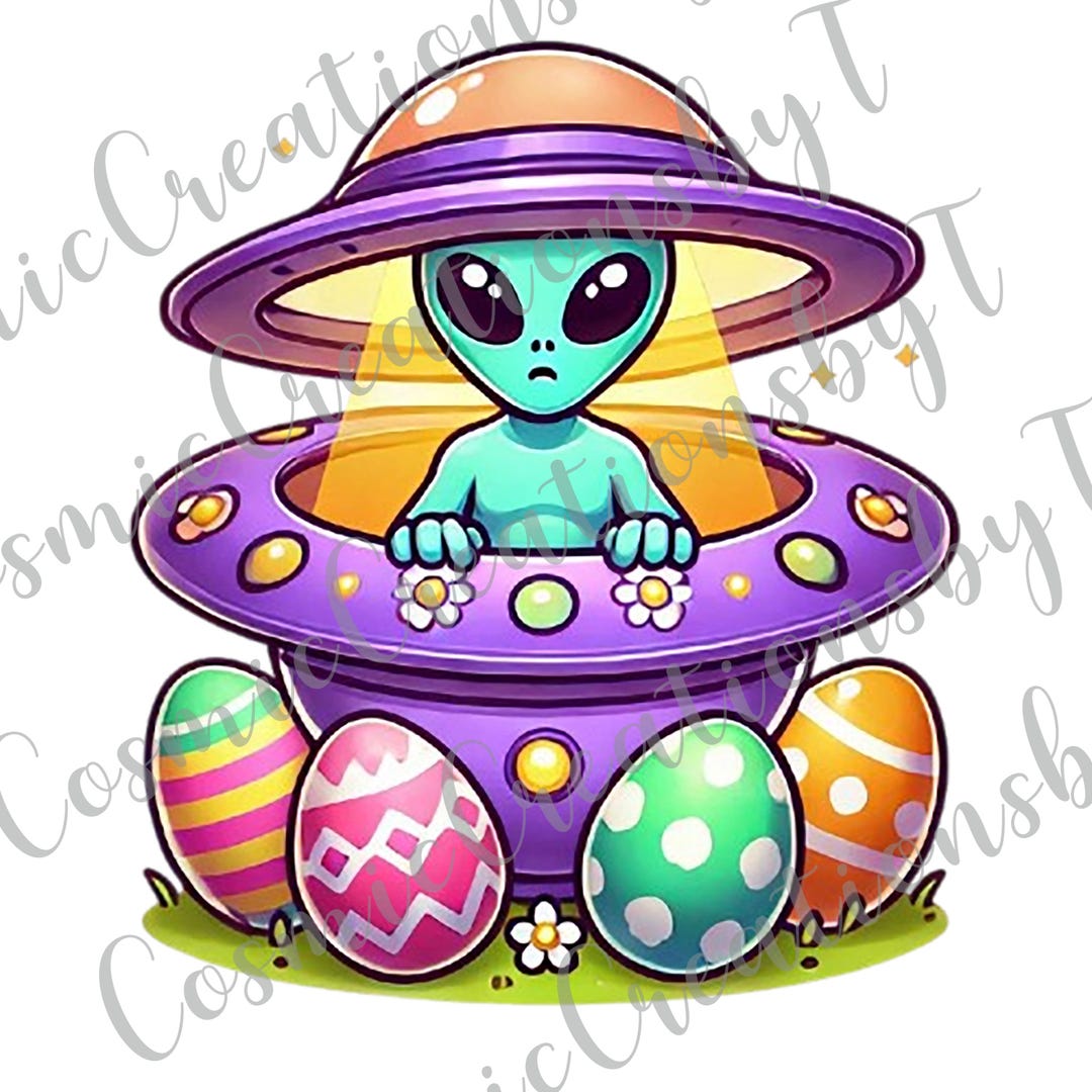 Easter Alien in UFO With Colorful Eggs - Whimsical Holiday Digital Art ...
