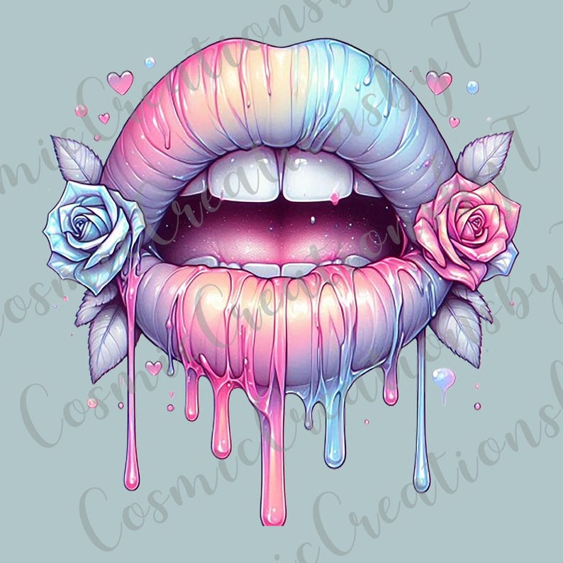 Colorful Dripping Lips With Roses PNG - Vibrant Pastel Lip Art ...