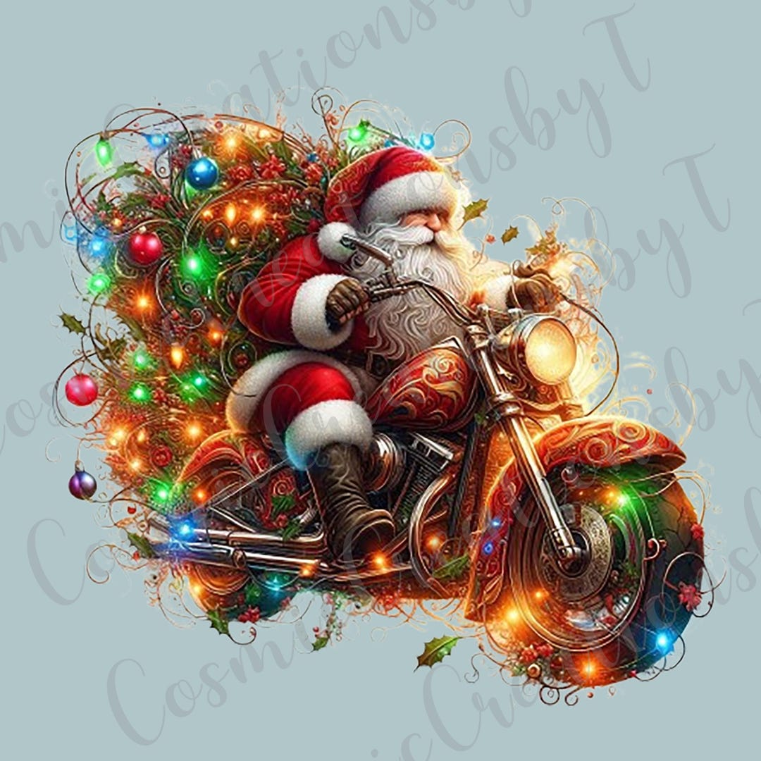 Santa Claus Riding Motorcycle With Christmas Lights PNG - Festive ...