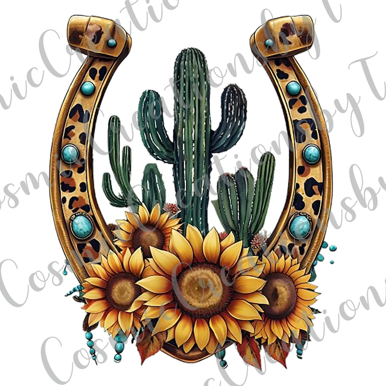 Southwestern Cactus and Sunflower Horseshoe PNG - Boho Western Digital ...