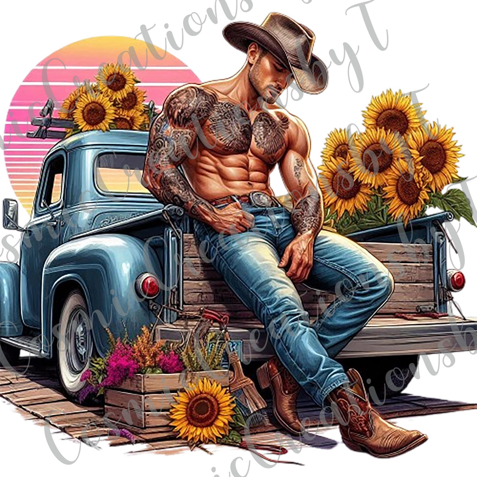 Vintage Cowboy With Sunflowers PNG - Retro Muscle Man on Truck Digital ...