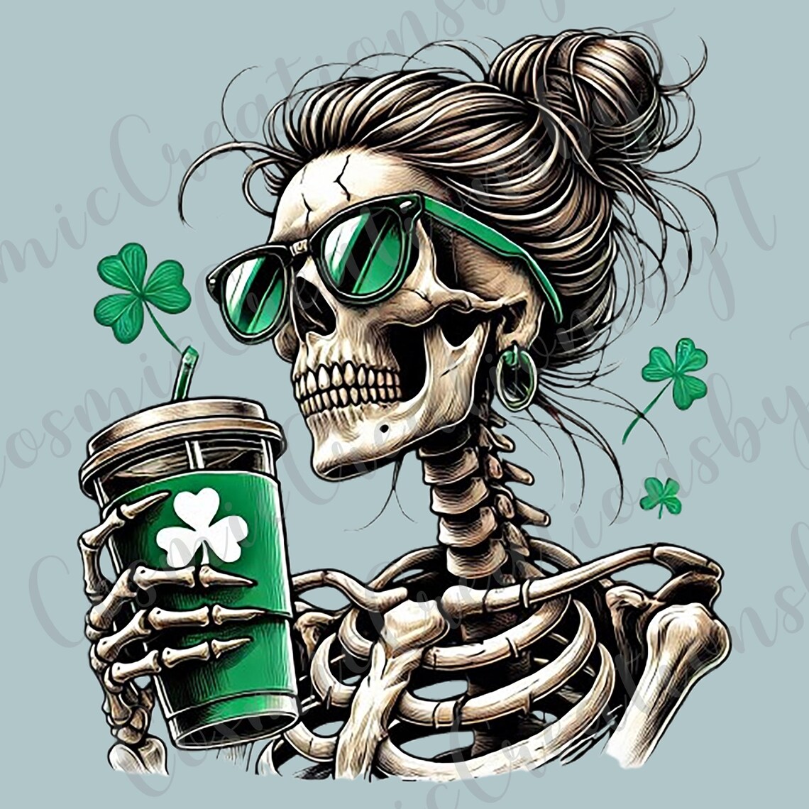St. Patrick's Day Skeleton With Shamrock Drink PNG - Skeleton With Bun ...
