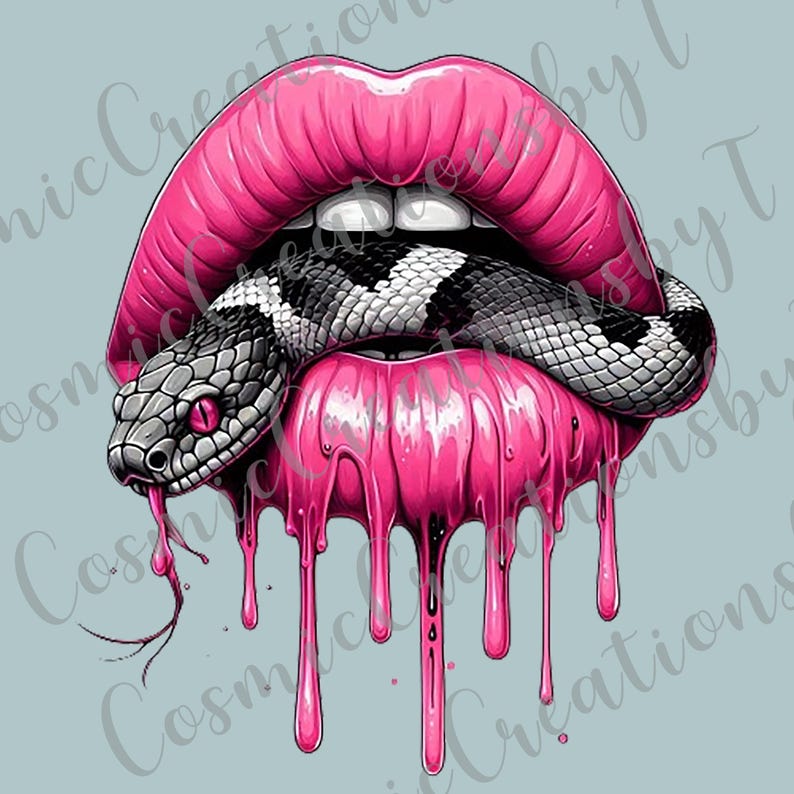 Striking Pink Lips and Serpent PNG - Edgy Dripping Lipstick With Snake ...