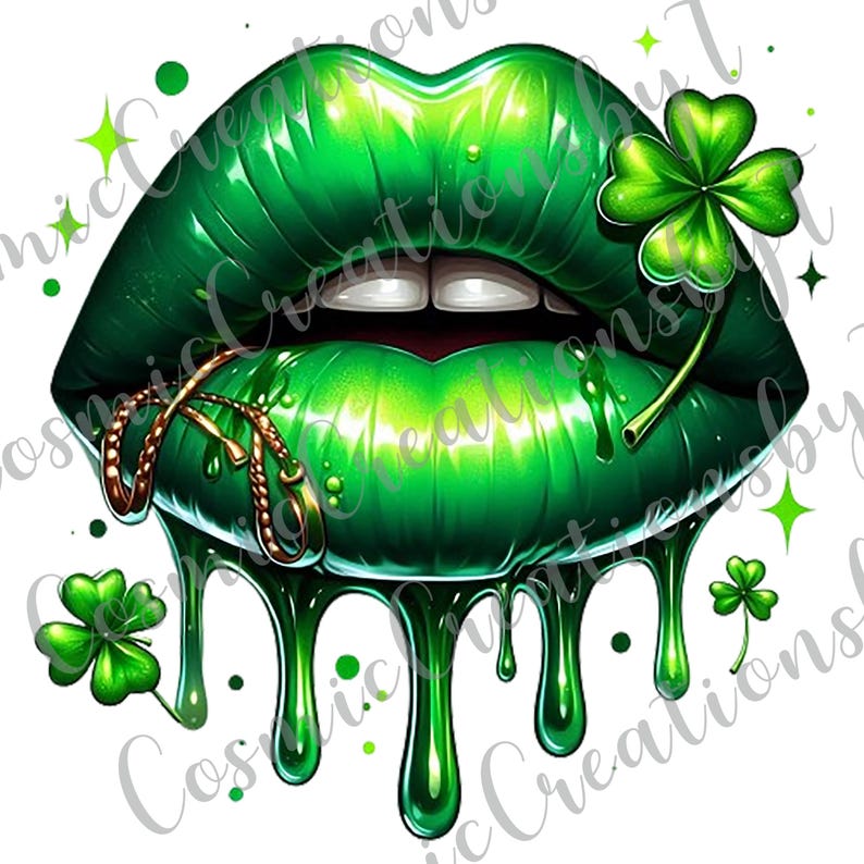 St. Patrick’s Day Green Lips With Clover Clipart - Dripping Glossy Kiss ...