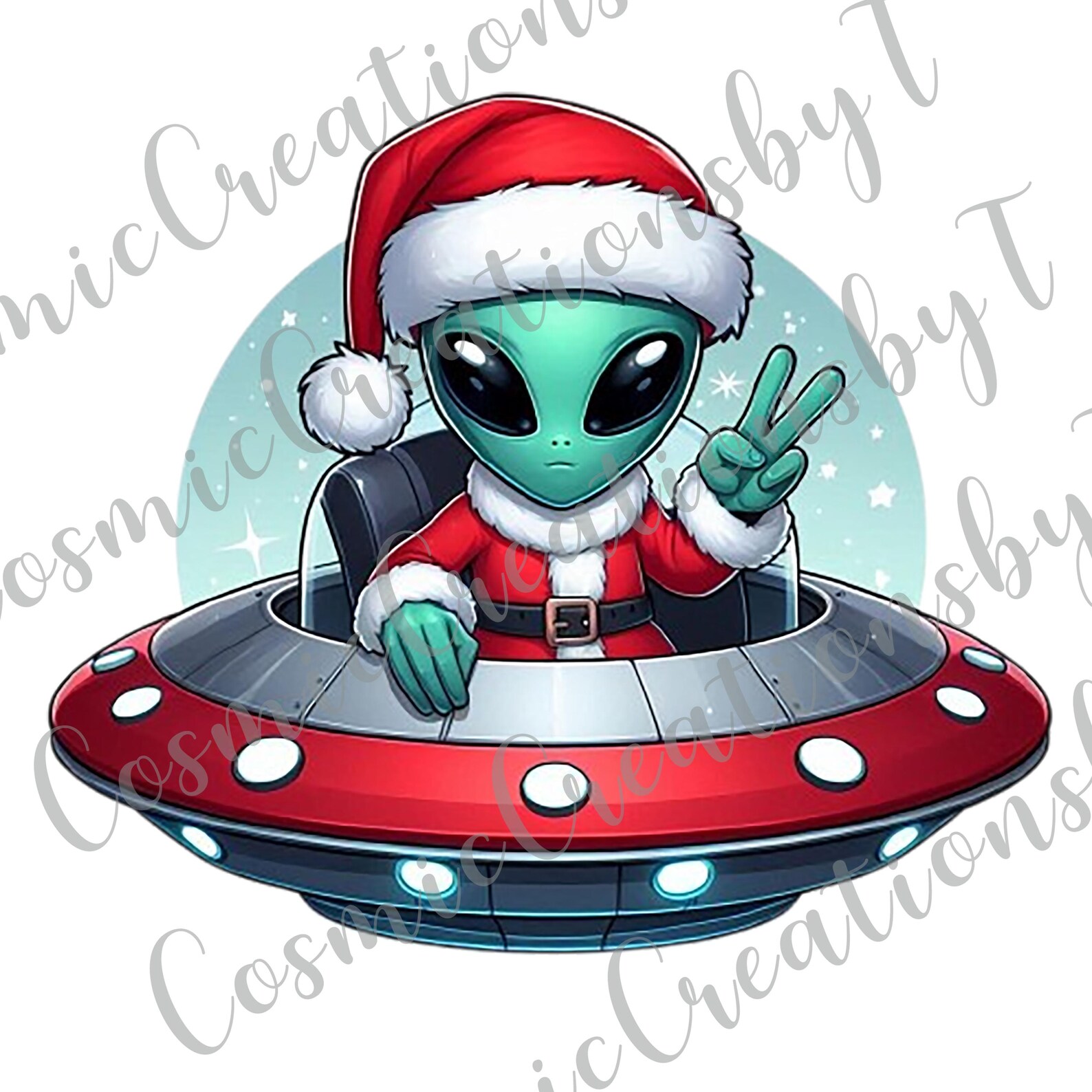 Christmas Alien in Santa Suit Peace Sign PNG - Cute UFO Holiday Clipart ...