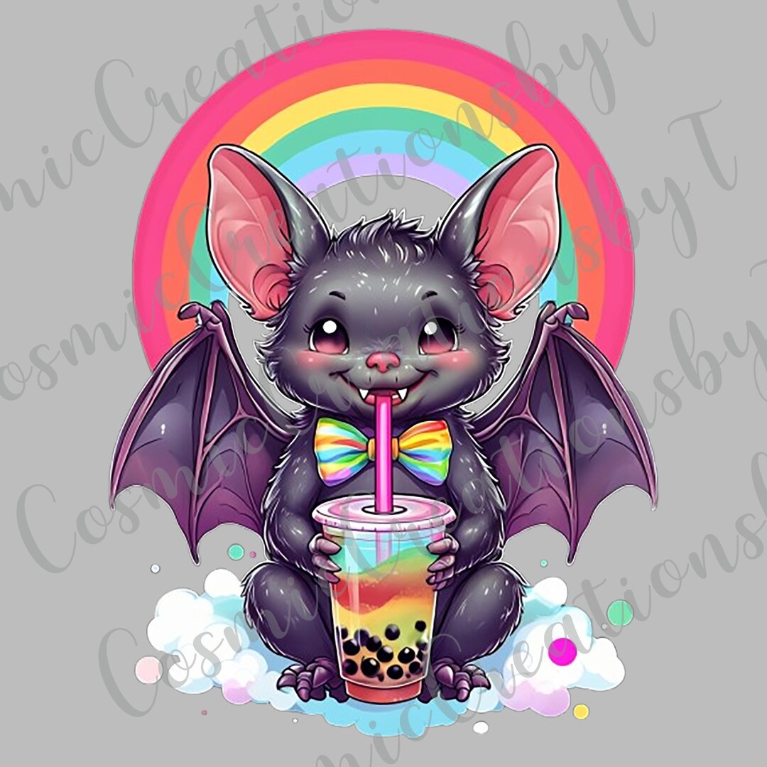 Kawaii Bat With Boba Tea - Adorable Cartoon Bat Clipart PNG - Rainbow ...