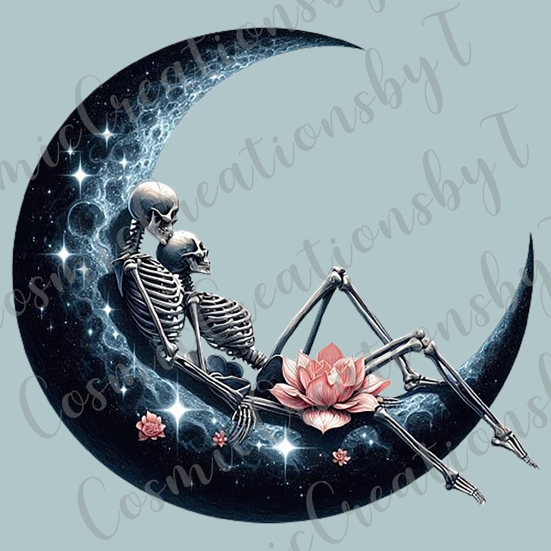Celestial Skeleton on Crescent Moon With Lotus Flower PNG - Gothic ...