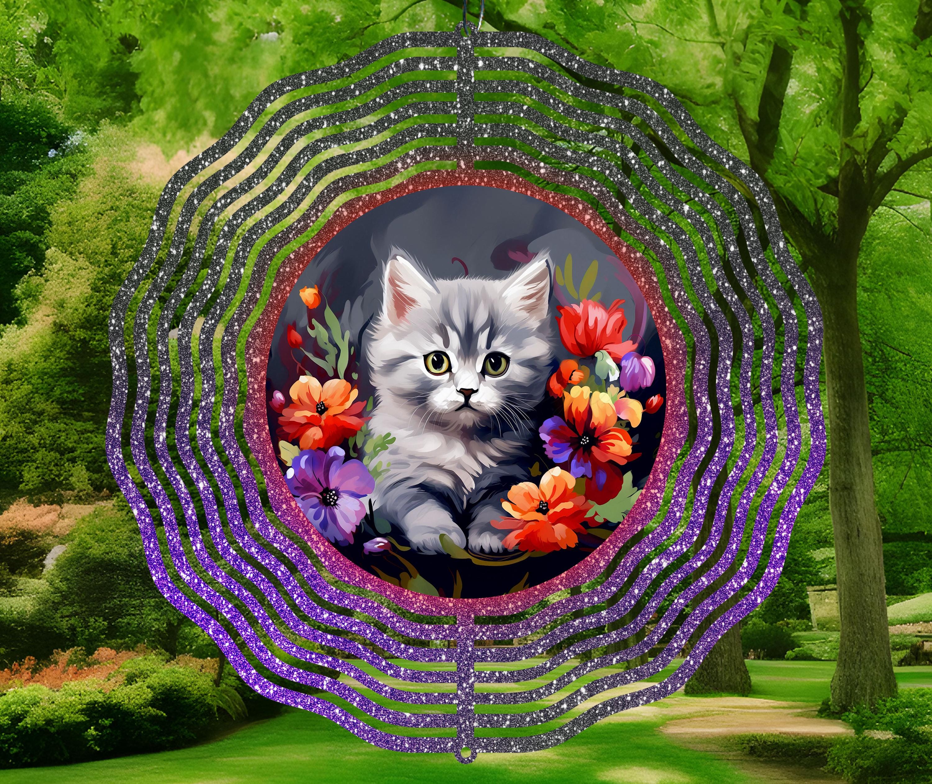 Cute Kitten and Flowers Wind Spinner PNG, Purple PNG Wind Spinner ...