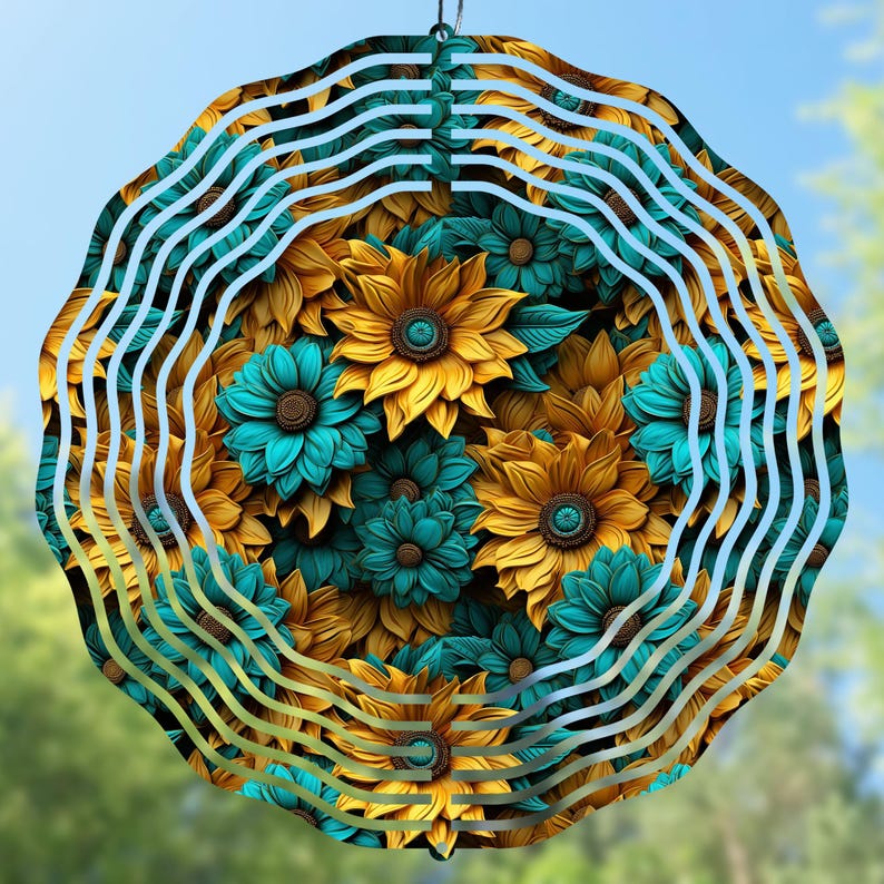 Yellow and Teal 3D Sunflowers Wind Spinner PNG Sublimation Design ...