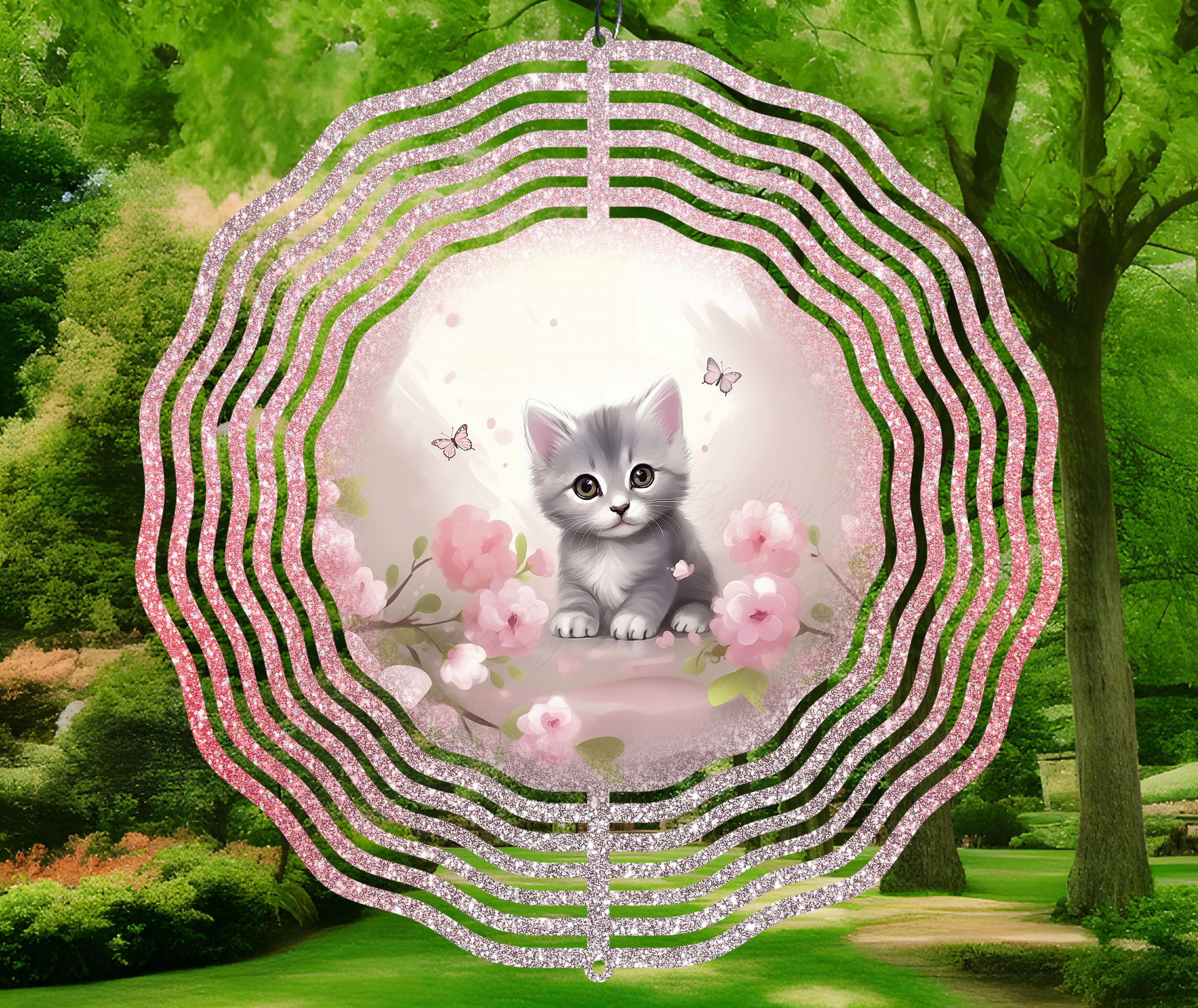 Cute Kitten Wind Spinner PNG, Gray Cat With Flowers and Butterflies PNG ...